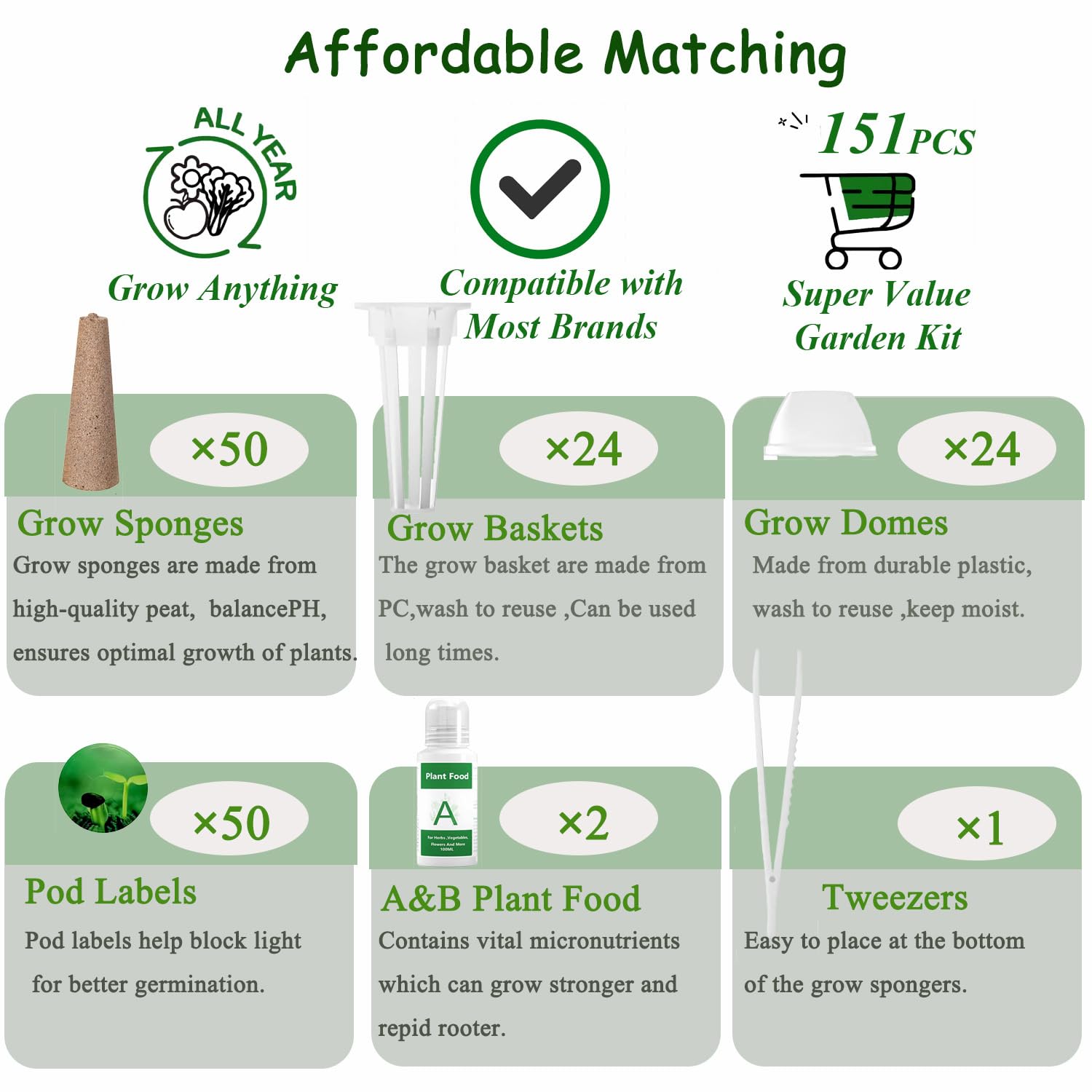 151 Pcs Seed Pod Kit for Hydroponic Growing System, Grow Anything Kit with 50 Pieces Replacement Grow Sponges,24 Grow Baskets, 24 Grow Domes(Not Include Seeds)