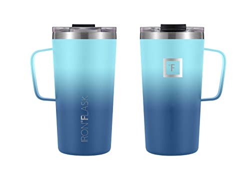 IRON °FLASK Grip Novelty Coffee Mug - Leak Proof, Vacuum Insulated Stainless Steel Bottle, Double Walled, Thermo Travel, Hot Cold, Water Metal Canteen - Blue Waves, 16 Oz - Classic Bottom