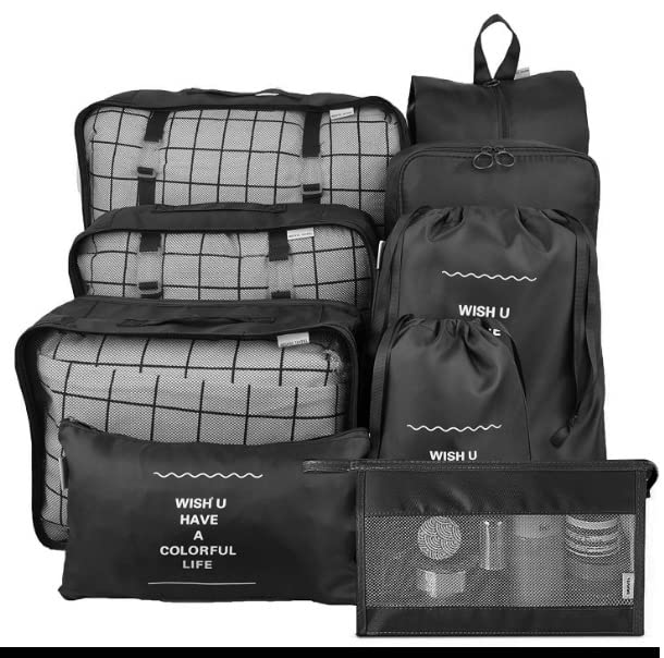 HOMLYNN 9Pcs Packing Cubes for Suitcase, Multifunction Waterproof Travel Organizer Storage Bags, Cosmetic Bag Packing Box, Shoe Bag, USB Cable Bag (Black)