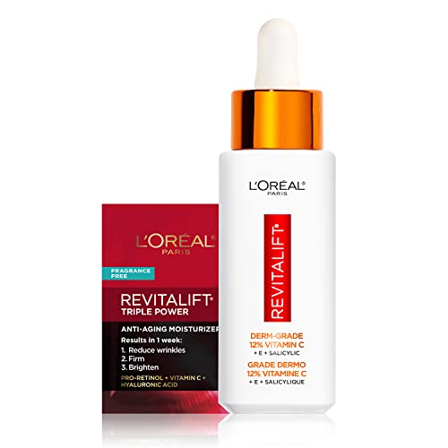 L'Oreal Paris Revitalift 12% Pure Vitamin C Serum, Vitamin E, Salicylic Acid, Moisturizing, Smoothing & Brightening, Non Greasy + Moisturizer Sample