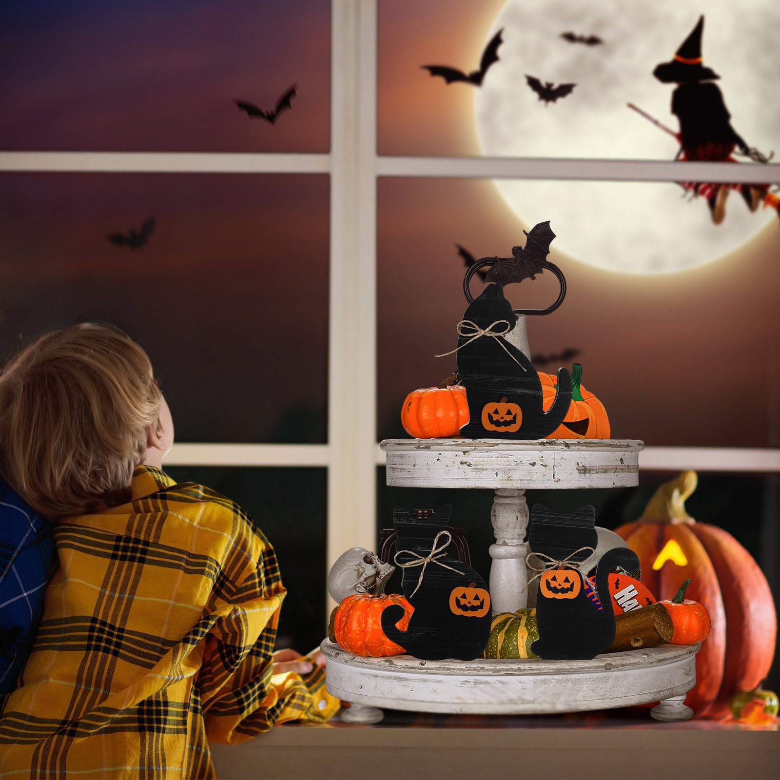 Redbaker 3 Pieces Halloween Black Cat Table Decor Black Cat Tabletop Block Sign Halloween Tiered Tray Decor Rustic Farmhouse Centerpieces for Home Shelf Party supplies