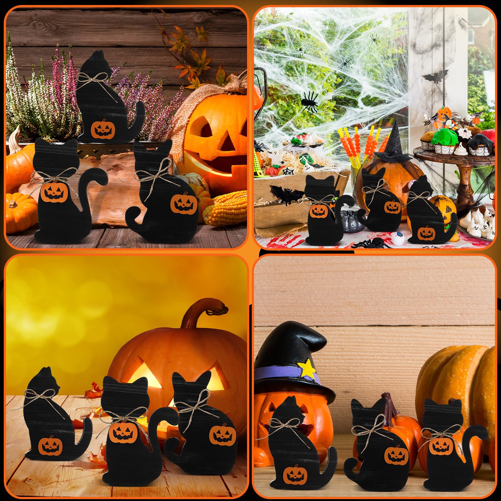 Redbaker 3 Pieces Halloween Black Cat Table Decor Black Cat Tabletop Block Sign Halloween Tiered Tray Decor Rustic Farmhouse Centerpieces for Home Shelf Party supplies