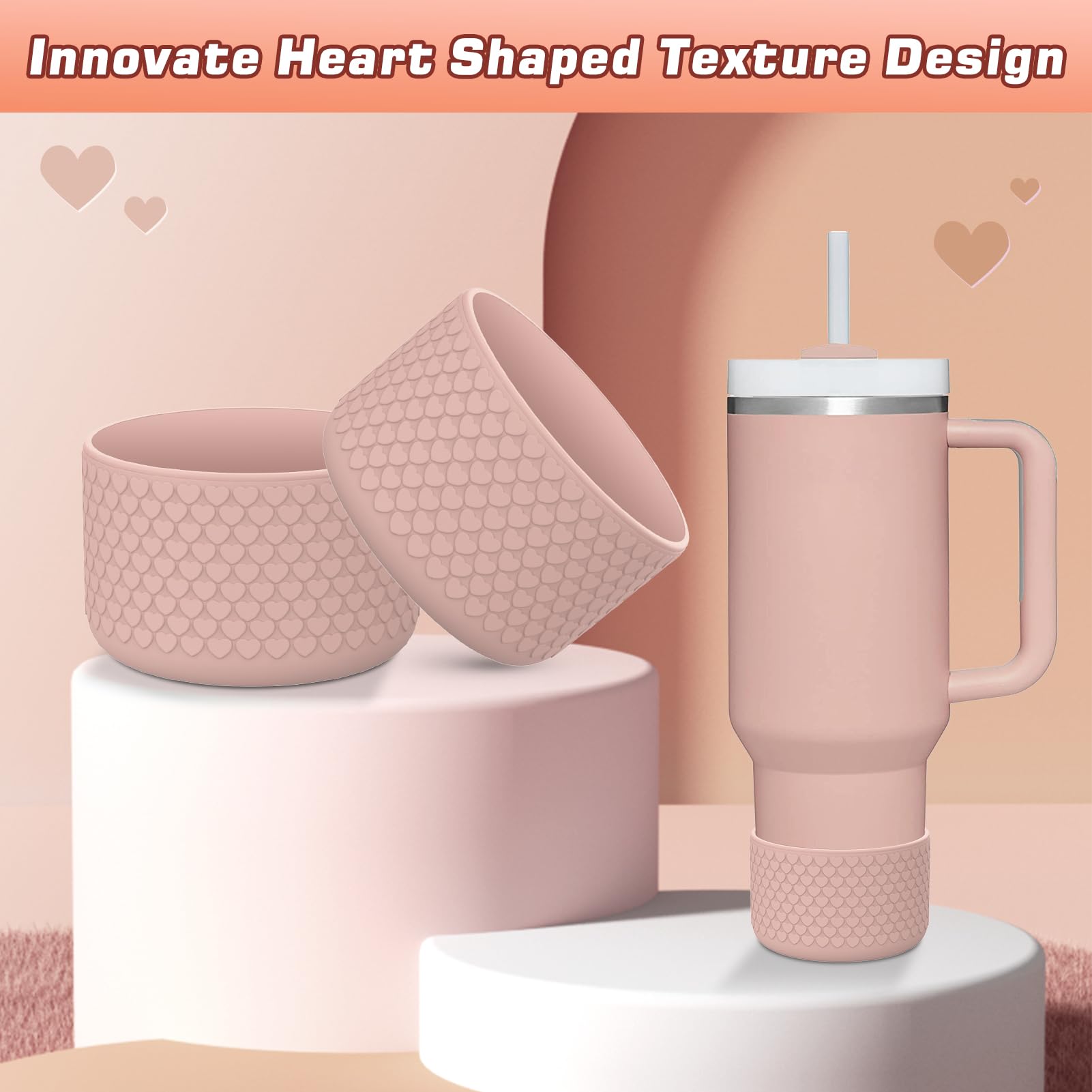 WUQID Heart Shaped Texture Silicone Boot Compatible with Stanle Quencher H2.0 IceFlow Flip 20oz 30oz 40oz,Hydroo Flask 12-24oz (Pink Dusk, Fits Hydro 12-24oz / Stanle 20-40oz Tumbler)