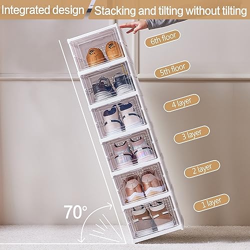 Kewheed Shoe Storage Box 6 PCS, Six-layer Foldable Shoe Boxes Clear Plastic Stackable, Shoe Organizer Containers with Lids, Fit up to US Size 12 for Men/Women, 13.9''x10''x7.7''(White 6PCS)