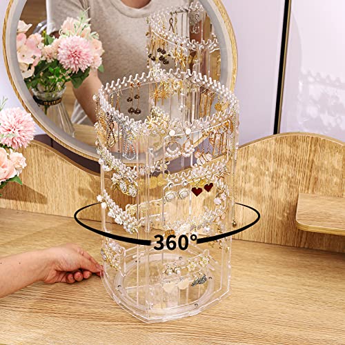 360 Rotating Earring Holder Organizer and Jewelry Displays,Clear Dangle Earinging Rack Necklace Bracelet Carousel Tree Towers,4 Tier Hanging Earring Display Stands for Necklaces Earrings Piercings