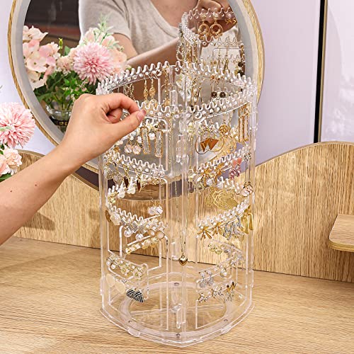 360 Rotating Earring Holder Organizer and Jewelry Displays,Clear Dangle Earinging Rack Necklace Bracelet Carousel Tree Towers,4 Tier Hanging Earring Display Stands for Necklaces Earrings Piercings