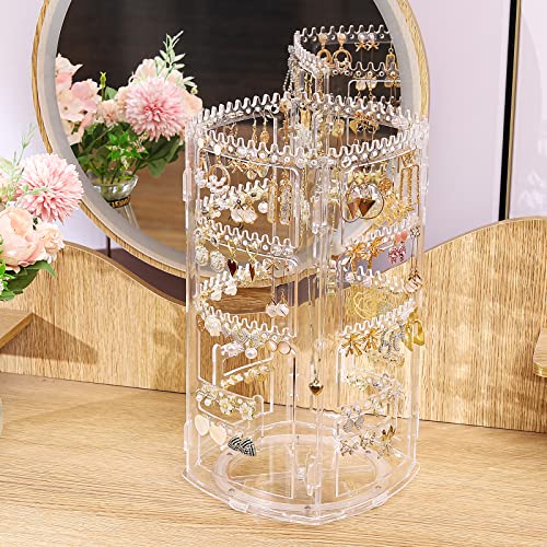 360 Rotating Earring Holder Organizer and Jewelry Displays,Clear Dangle Earinging Rack Necklace Bracelet Carousel Tree Towers,4 Tier Hanging Earring Display Stands for Necklaces Earrings Piercings