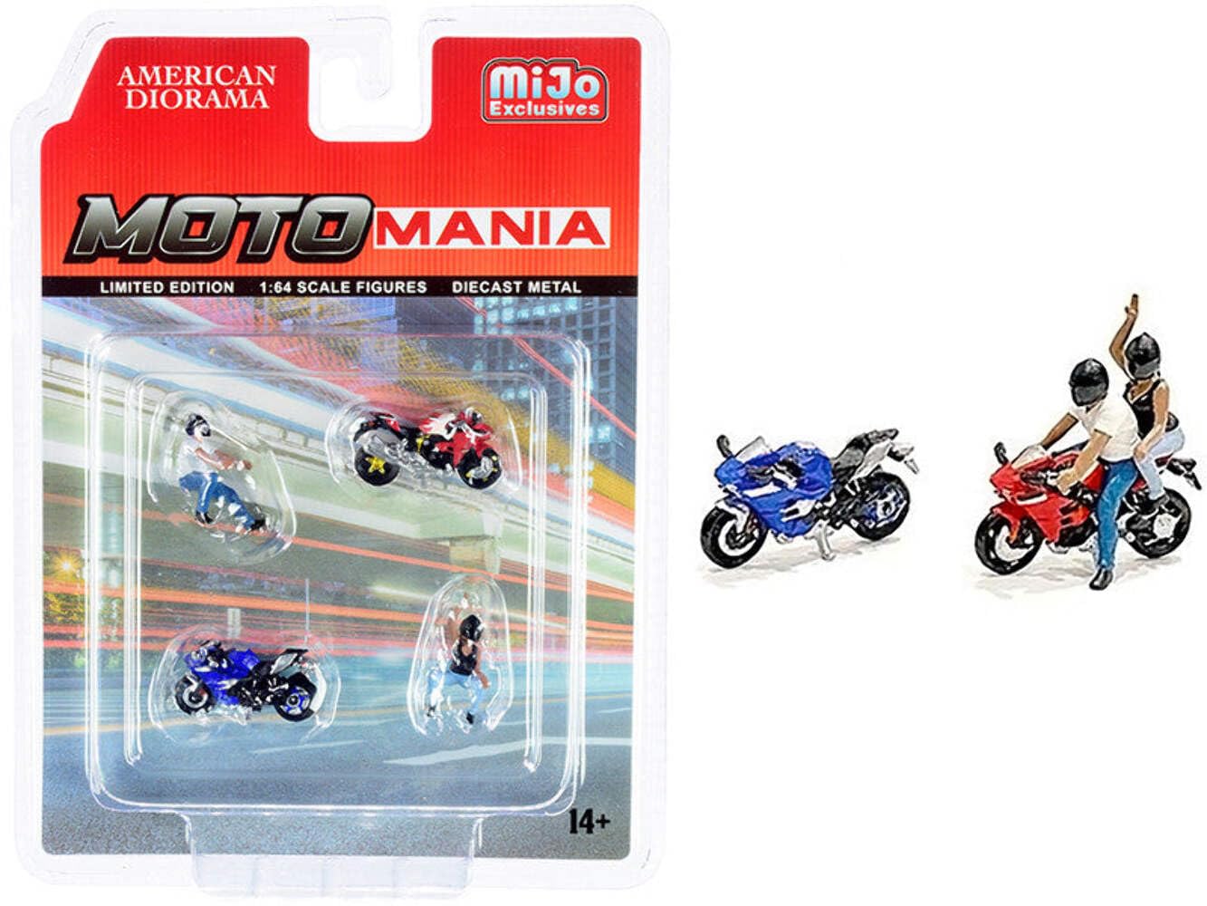 Motomania 4 Piece Diecast Set (2 Figurines and 2 Motorcycles) for 1/64 Scale Models by American Diorama 76486