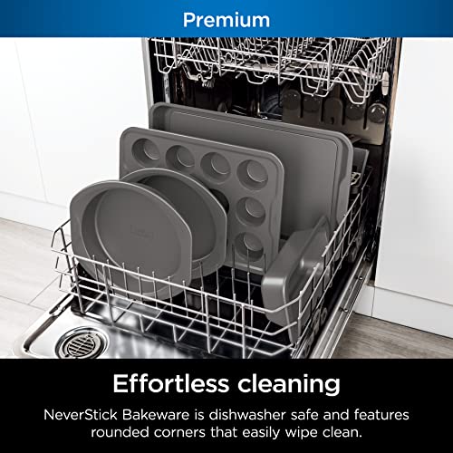 Ninja B35005 Foodi NeverStick Premium 5-Piece Bakeware Sheet Set, Oven Safe up to 500⁰F, with 11x17 Inch Baking Sheet, 5x9 Inch Loaf Pan, 12 Cup Muffin Pan, & (2) 9 Inch Round Cake Pans, Grey
