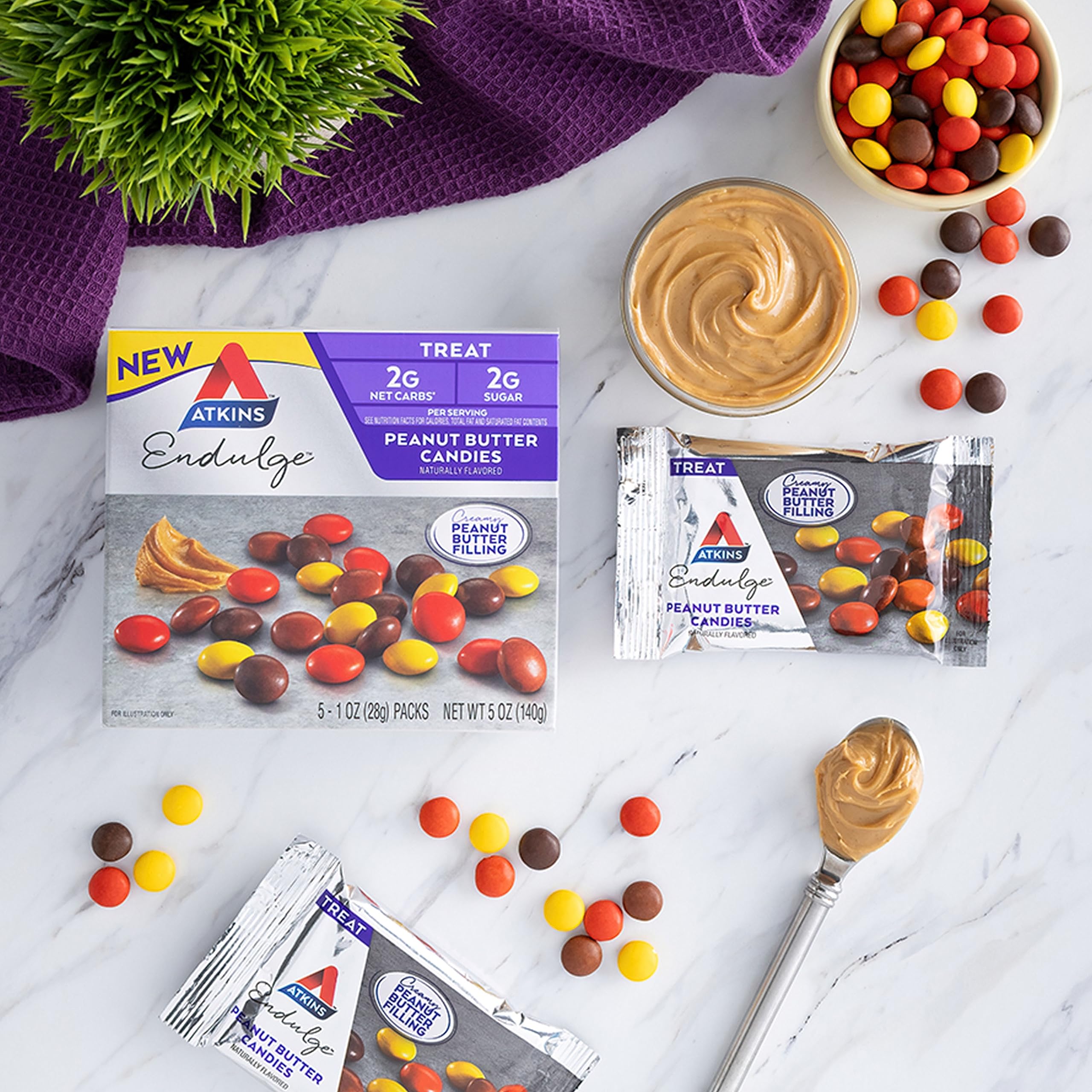 Atkins Endulge Treat, Peanut Butter Candies, 2g Net Carbs, 2g Sugar, Creamy Peanut Butter Filling, Low Carb, Low Sugar, 4 Packs (5 Count Each)