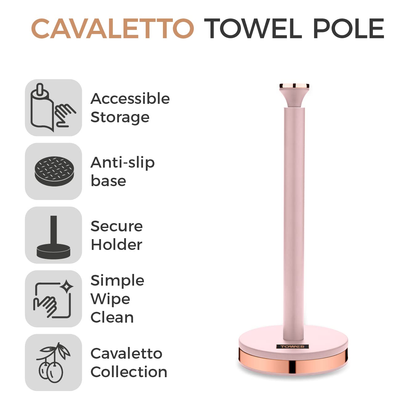 Tower T826133PNK Cavaletto Towel Pole Kitchen Roll Holder with Soft Underliner, Marshmallow Pink and Rose Gold