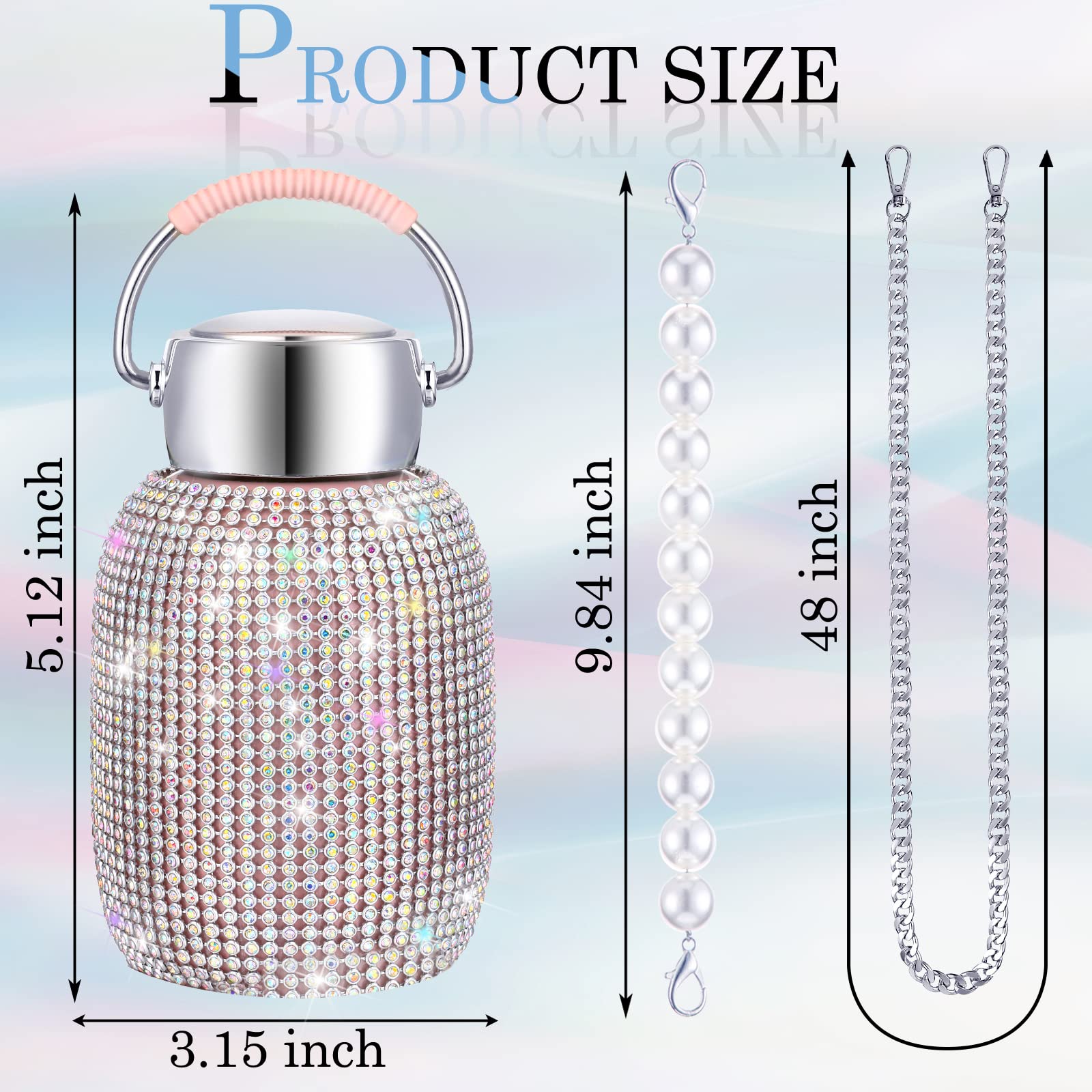 Diamond Water Bottle Rhinestone Stainless Steel Bling Vacuum Flask Refillable Insulated Thermal Bottle with Chain Glitter Water Bottle with Pearl Bracelet for Women
