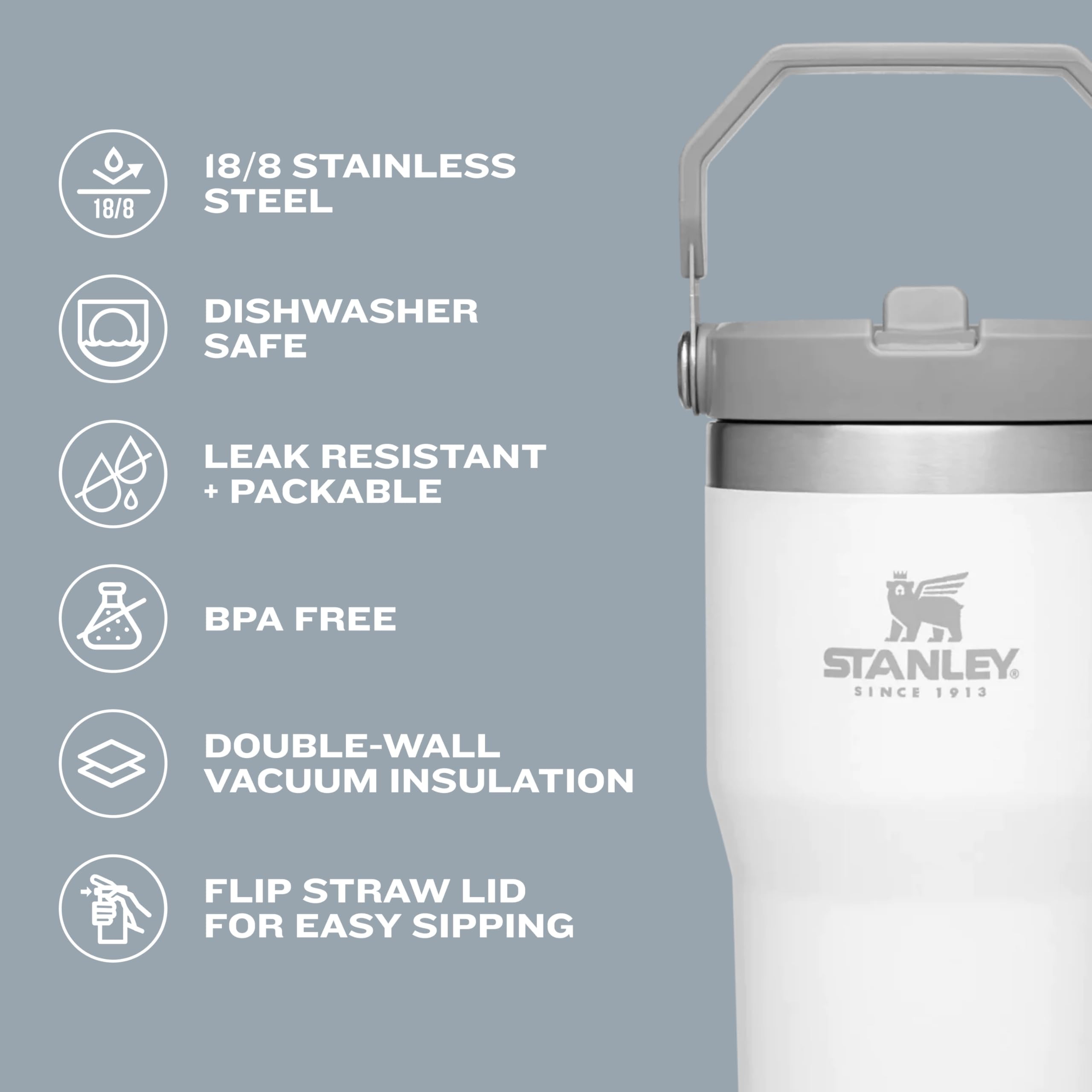 Stanley IceFlow Stainless Steel Tumbler with Straw - Vacuum Insulated Water Bottle for Home, Office or Car Reusable Cup Leak Resistant Flip Cold 12 Hours Iced 2 Days (Rose Quartz)