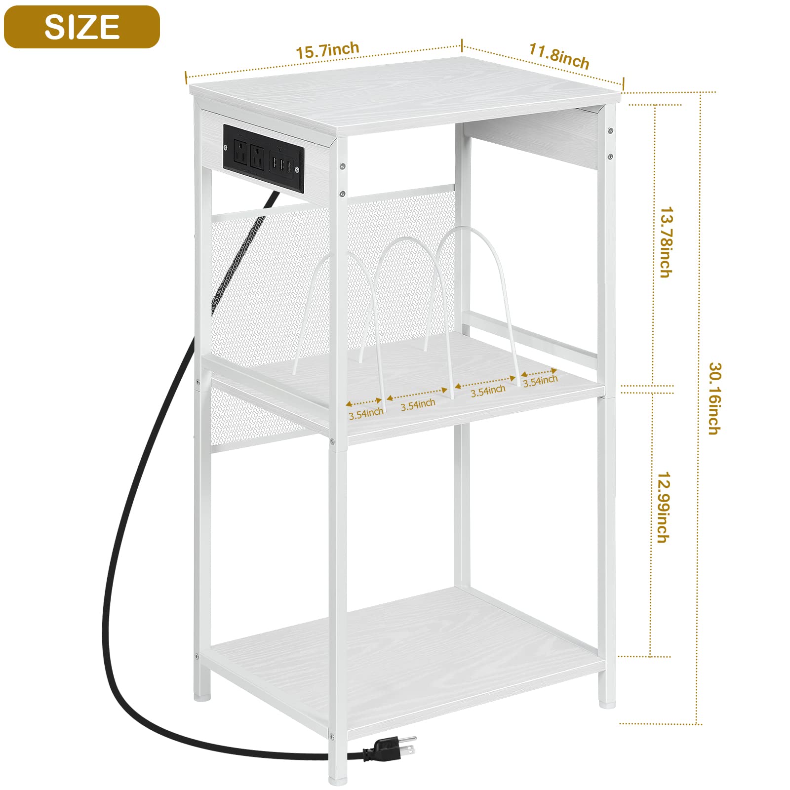 Record Player Stand, Turntable Stand with Power Outlet Side Table with Charging Station Vinyl Player Stand with Storage Record Player Table with Album Storage White for Living Room Bedroom
