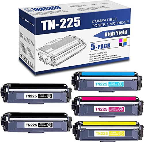 5-Pack TN225 Compatible TN-225BK TN-225C TN-225Y TN-225M Toner Cartridge Replacement for Brother TN-225 HL-3140CW HL-3150CDN MFC-9130CW Printer.