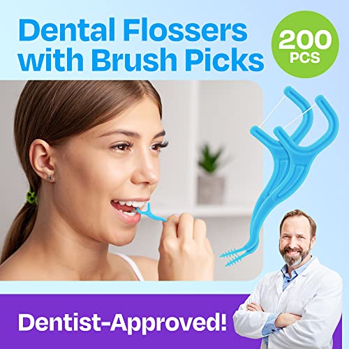 Trueocity Dental Flossers Brush Picks 4 Pack w/Travel Case (200 Total Count), Dental Floss Glides Easy Between Teeth, Flosser Helps Prevent Tooth Decay & Gum Disease, Easy Grip Handle, Mint Flavored