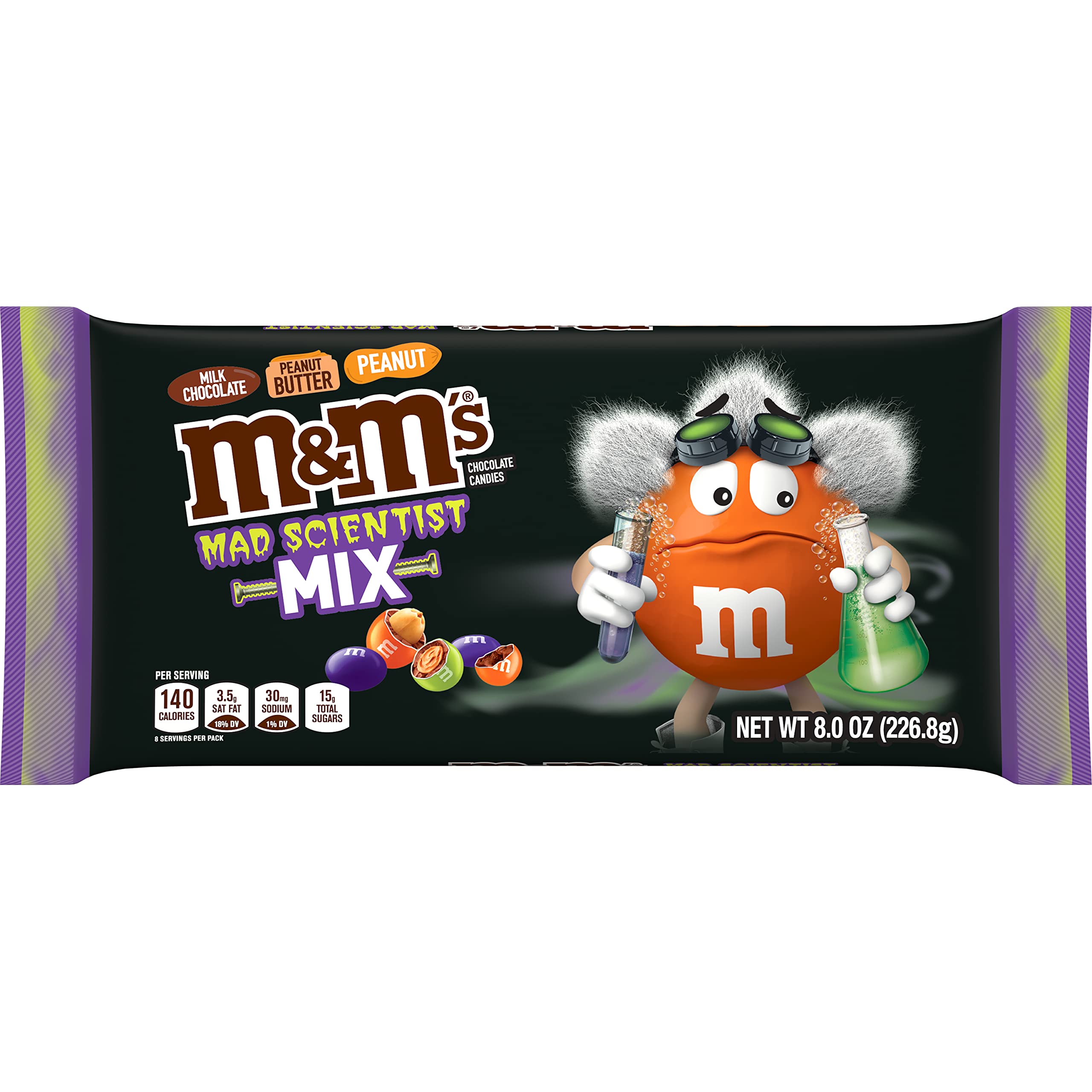 M&M'S Mad Scientist Mix Peanut, Peanut Butter & Milk Chocolate Assorted Halloween Candy, 8 oz Bag