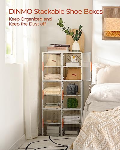 DINMO 6 Packs Shoe Box with Dividers, 12 Pairs, Clear Shoe Storage Organizer, Space Saving for Closet, Visualization, Foldable, White Transparent