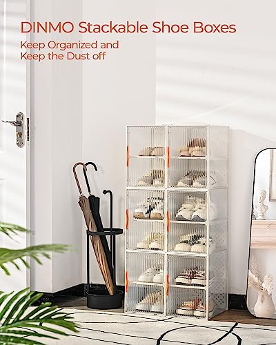 DINMO 6 Packs Shoe Box with Dividers, 12 Pairs, Clear Shoe Storage Organizer, Space Saving for Closet, Visualization, Foldable, White Transparent