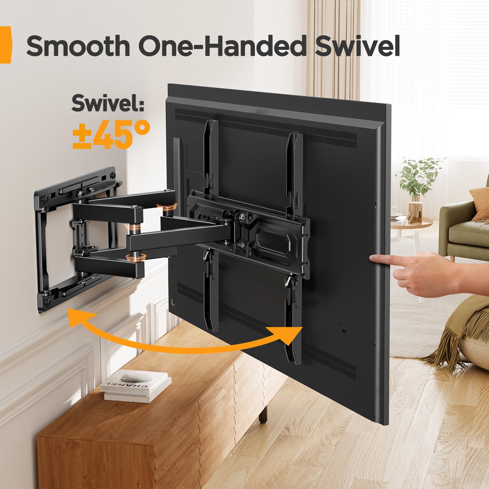 Perlegear Full Motion TV Wall Mount Bracket Swivel Articulating Extension Tilt Arms for 26-65 inch Flat Curved TVs, Max VESA 400x400mm up to 99lbs,16" Wood Studs,PGMFK4