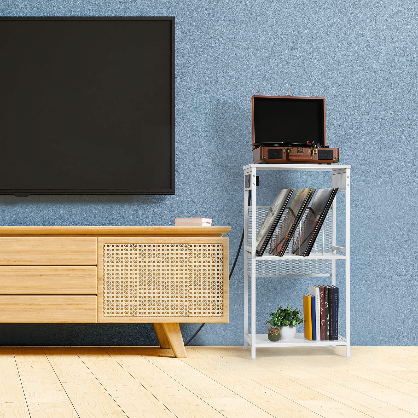 Record Player Stand, Turntable Stand with Power Outlet Side Table with Charging Station Vinyl Player Stand with Storage Record Player Table with Album Storage White for Living Room Bedroom