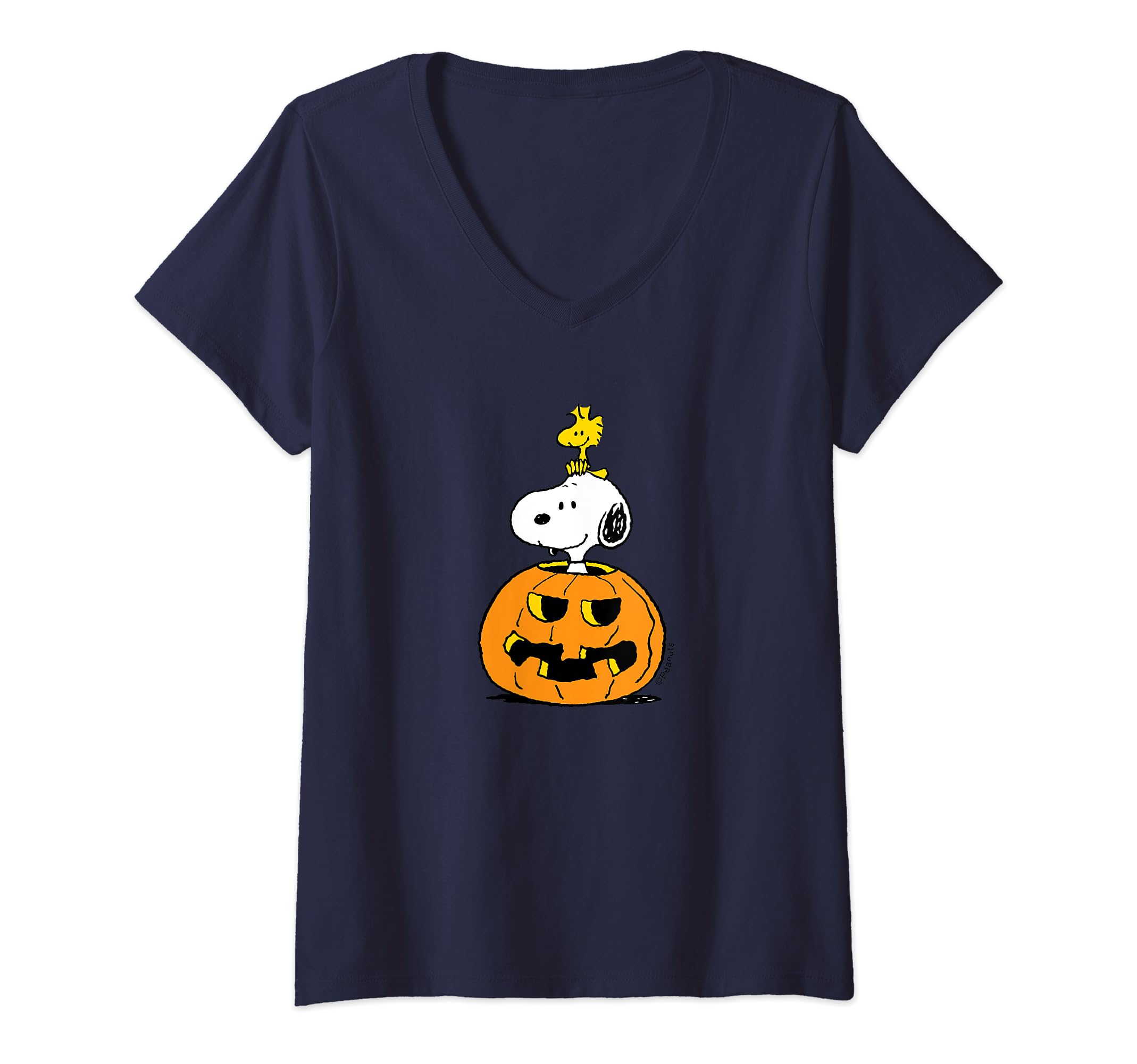 Womens Peanuts - Halloween - Snoopy Woodstock Pumpkin V-Neck T-Shirt