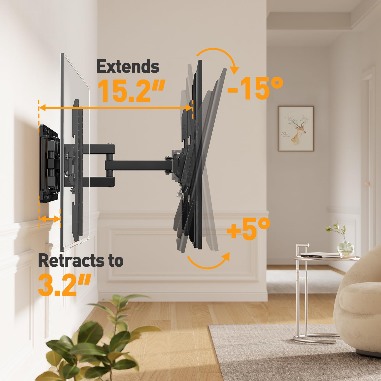 Perlegear Full Motion TV Wall Mount Bracket Swivel Articulating Extension Tilt Arms for 26-65 inch Flat Curved TVs, Max VESA 400x400mm up to 99lbs,16" Wood Studs,PGMFK4