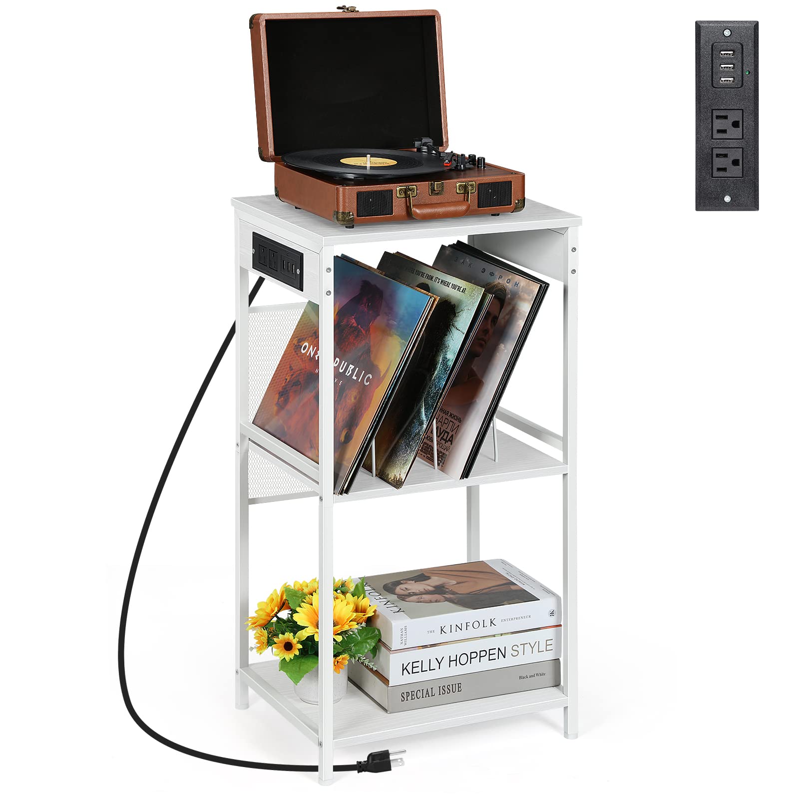 Record Player Stand, Turntable Stand with Power Outlet Side Table with Charging Station Vinyl Player Stand with Storage Record Player Table with Album Storage White for Living Room Bedroom