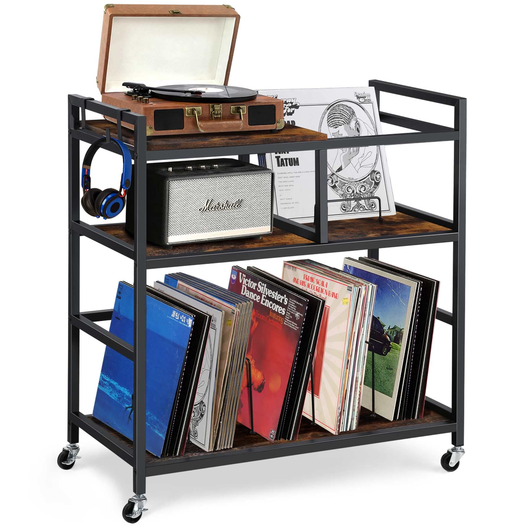 Record Player Stand with Record Storage, Turntable Stand with 3-Tier Vinyl Record Storage for Living Room, Record Player Table Up to 260 Albums, Vinyl Record Cabinet with Wheels
