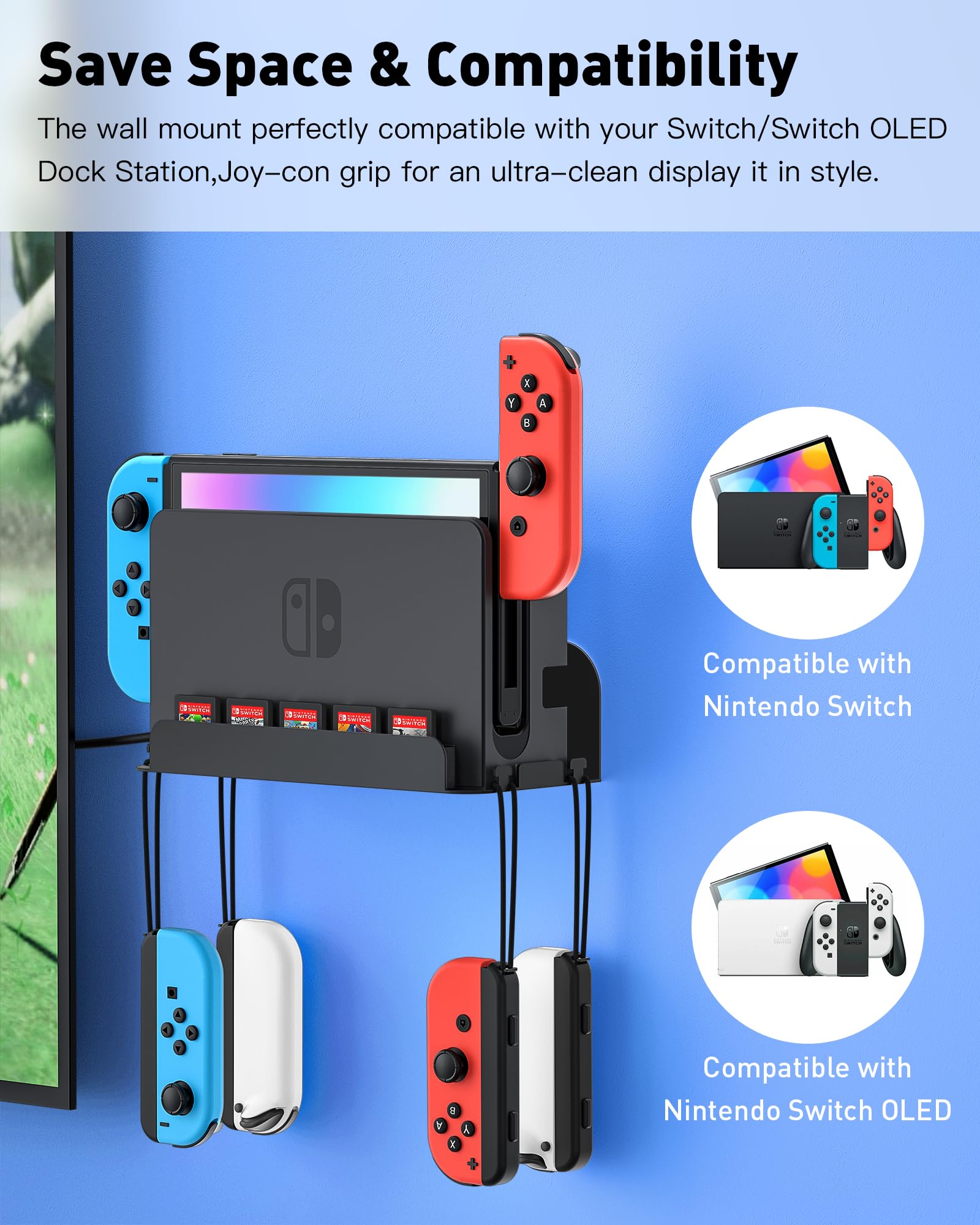ZAONOOL Wall Mount for Nintendo Switch and Switch OLED with 2 Controller Wall Holders, Metal Wall Mount Kit Stand with 5 Game Card and 4 JoyCon Shelfs, Safely Store Console Near or Behind TV, Black