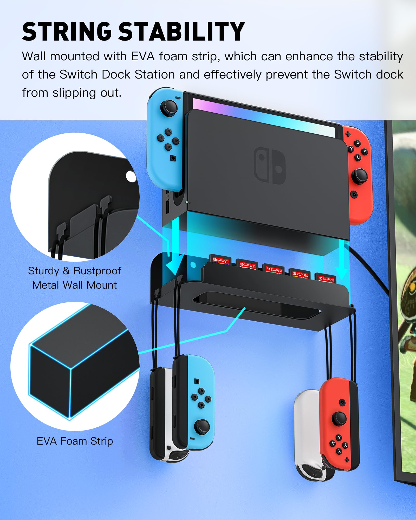 ZAONOOL Wall Mount for Nintendo Switch and Switch OLED with 2 Controller Wall Holders, Metal Wall Mount Kit Stand with 5 Game Card and 4 JoyCon Shelfs, Safely Store Console Near or Behind TV, Black