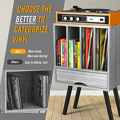 WASAIT Record Player Stand Vinyl Record Storage Table with Drawer Record Display Turntable Stand with Wood Legs 3-Tiers Vinyl Holder Cabinet for Living Room Bedroom Grey