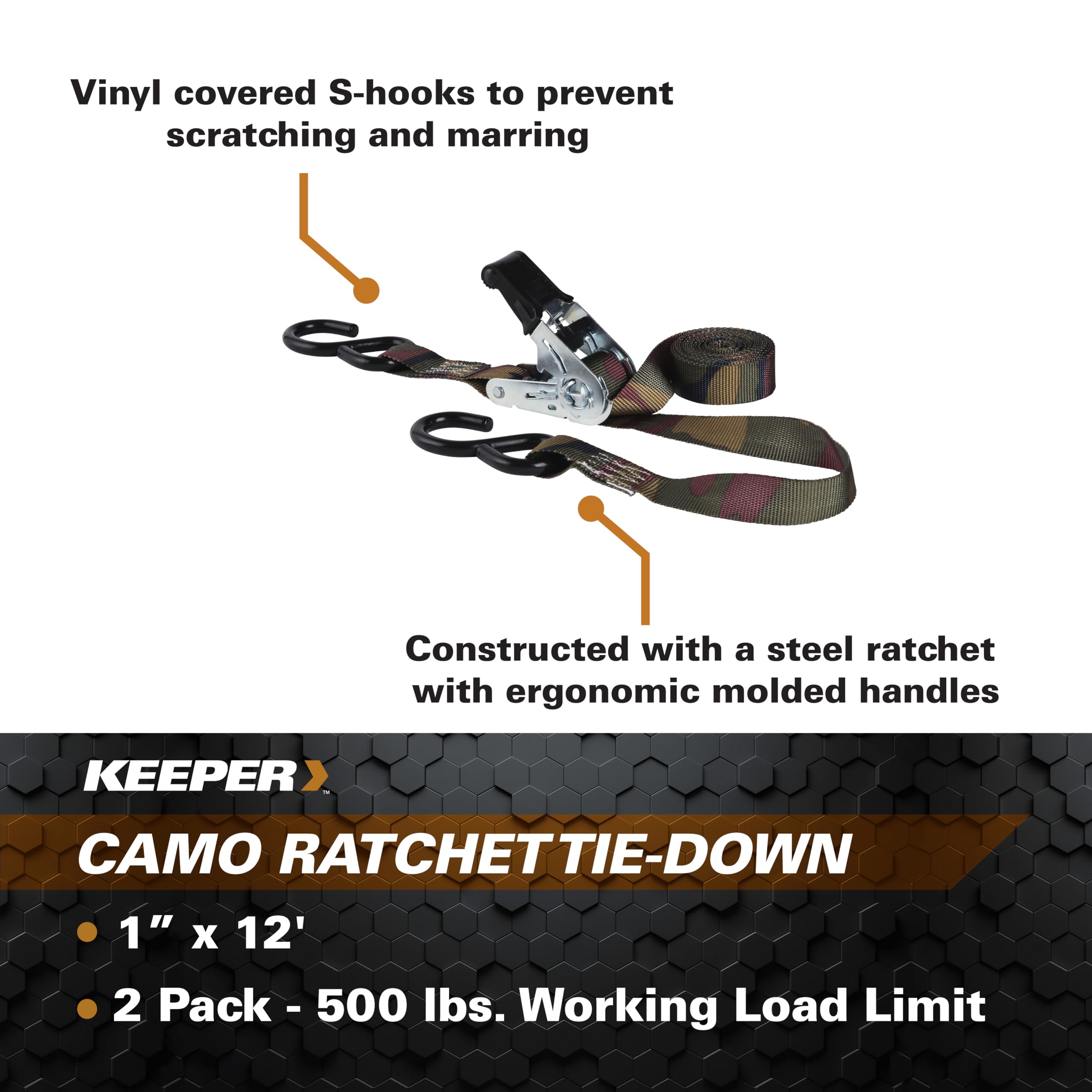 HAMPTON PROD Keeper โ 1โ x 12' Camo Ratchet Tie-Down with S Hooks, 2 Pack - 500 lbs. Working Load Limit