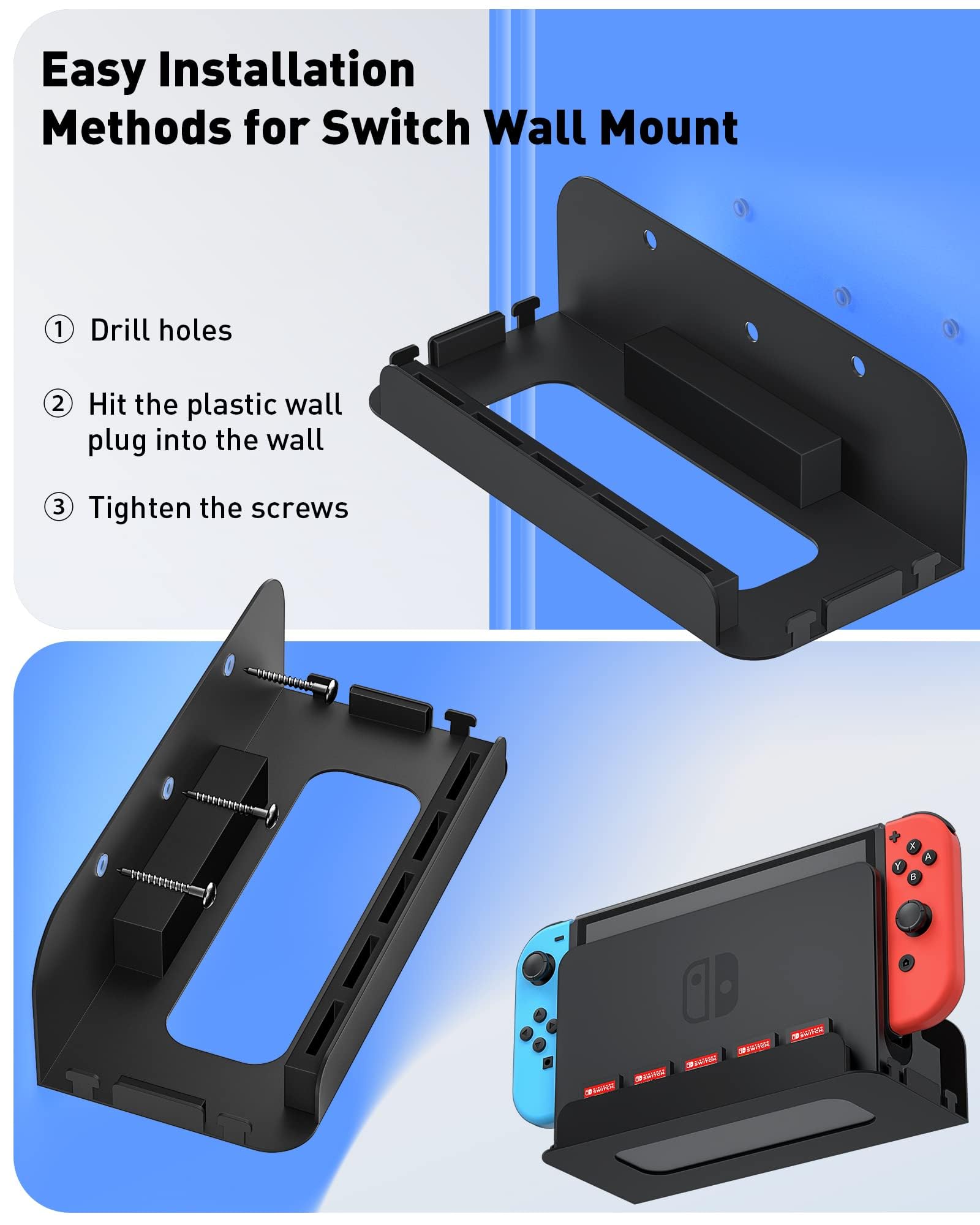 ZAONOOL Wall Mount for Nintendo Switch and Switch OLED with 2 Controller Wall Holders, Metal Wall Mount Kit Stand with 5 Game Card and 4 JoyCon Shelfs, Safely Store Console Near or Behind TV, Black