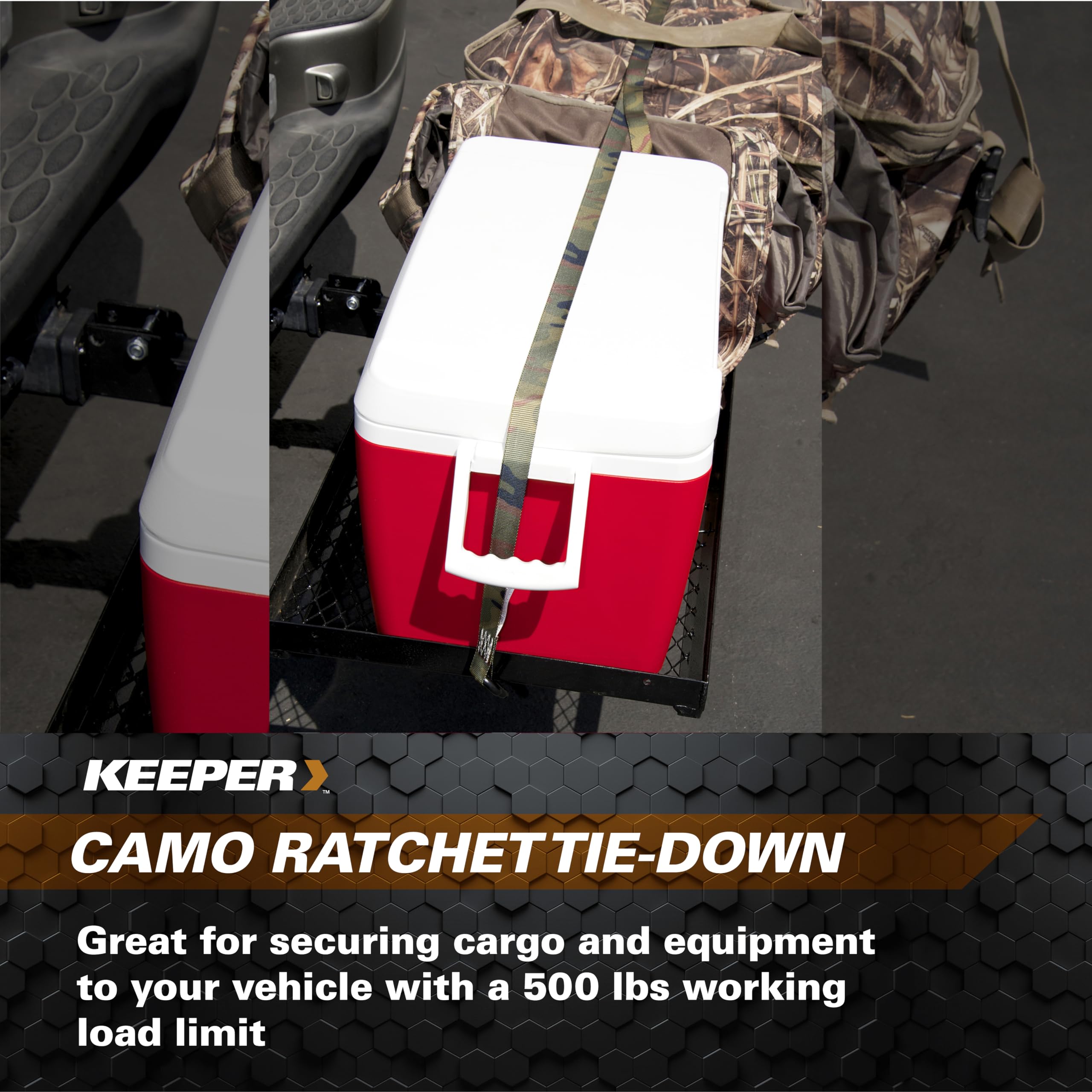 HAMPTON PROD Keeper โ 1โ x 12' Camo Ratchet Tie-Down with S Hooks, 2 Pack - 500 lbs. Working Load Limit
