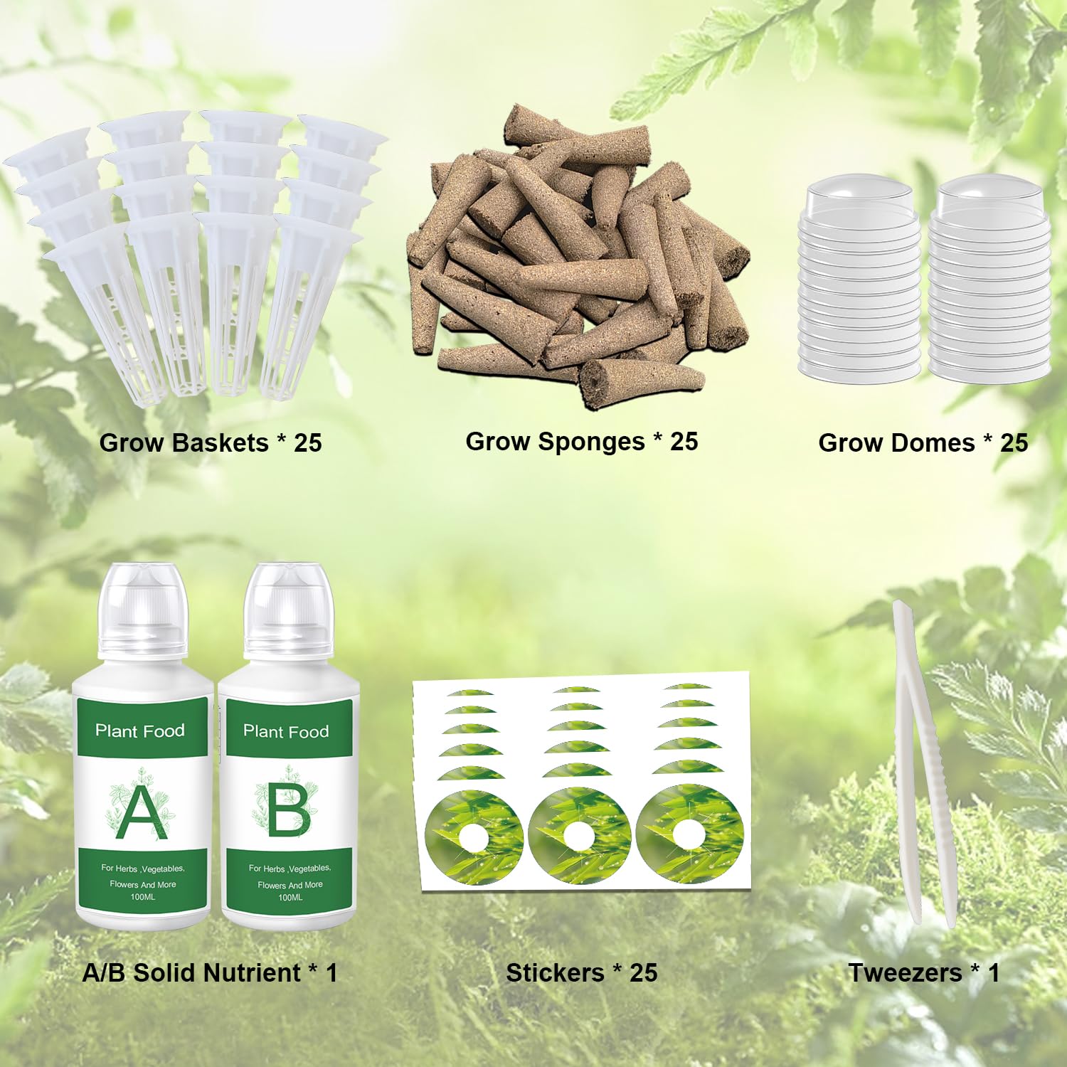 Seed Pod Kit for AeroGarden Growing System,Hydroponics Supplies with 25 Grow Sponges, 25 Grow Baskets, 25 Grow Domes, A&B Solid Nutrient Plant Food, 25 Labels and 1 Tweezer
