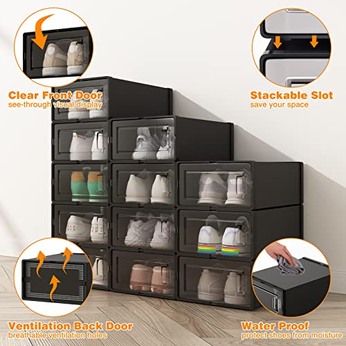 Fixwal Clear Shoe Storage Boxes Stackable, 12 Pack Large Shoe Storage Box with Front Opening Lids, Shoe Container Boxes for Closet Bedroom Bathroom, 13.1 x 9 x 5.5 Inches, Black