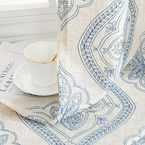 jinchan Linen Textured Curtains for Living Room Embroidered Design Window Curtains Light Filtering Flax Linen Look Window Treatment Set for Bedroom Grommet Top 2 Panels 96 Inch Length Blue