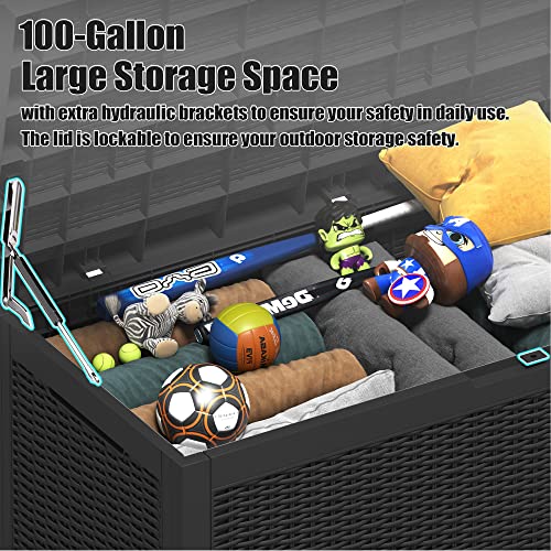 Greesum 100 Gallon Resin Deck Box Large Outdoor Storage for Patio Furniture, Garden Tools, Pool Supplies, Weatherproof and UV Resistant, Lockable, Black