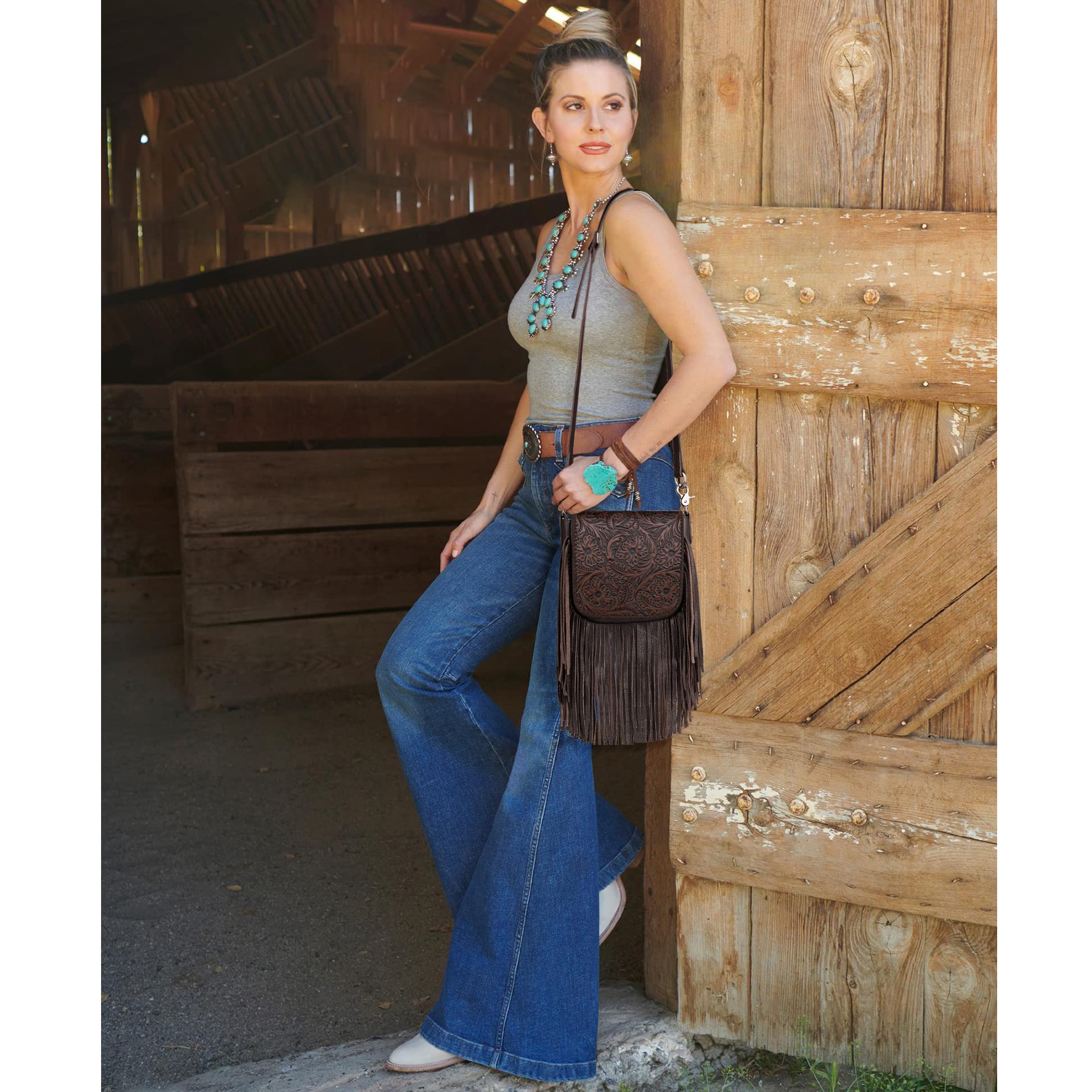 Western Crossbody Handbags for Women Small Bags Tooled Leather Fringe Purse RLC-L159CF