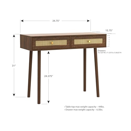Loft & Luv Remy Boho Mid-Century Console Entryway Table with Natural Rattan with Storage Drawer and Open Shelf, Walnut Finish