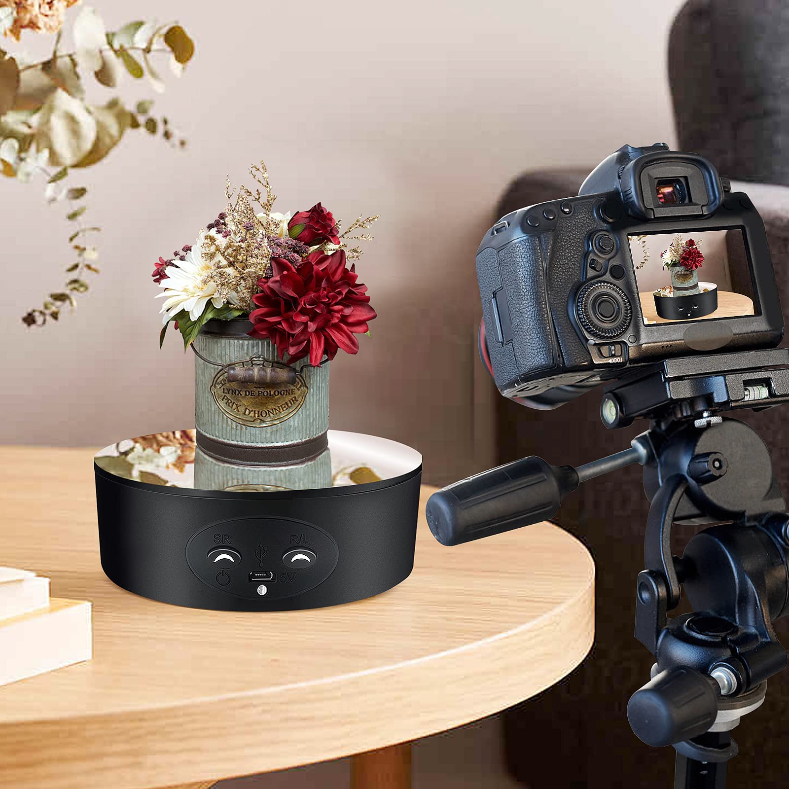 Riomh Rotating Display Stand, 360 Degree Automatic Mute Spin Turntable for Photography Display, Shooting Videos, Figures and Collections Display (Black)