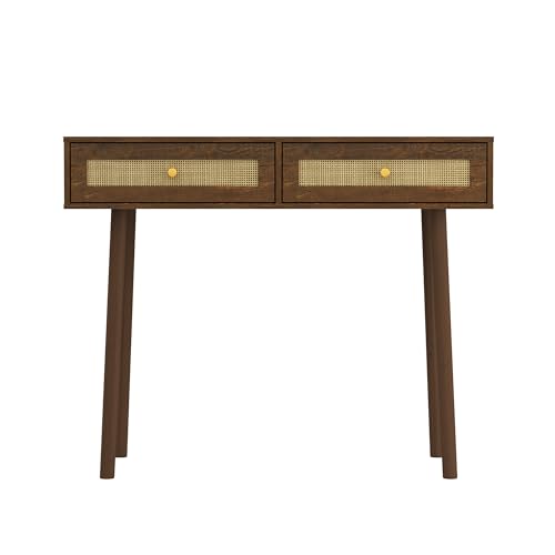 Loft & Luv Remy Boho Mid-Century Console Entryway Table with Natural Rattan with Storage Drawer and Open Shelf, Walnut Finish