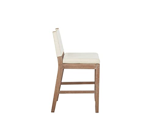 Linus Modern Upholstered Counter Height Bar Stool with Back and Solid Rubberwood Legs in a Wire-Brushed Grey Finish, Natural Flax/Brown