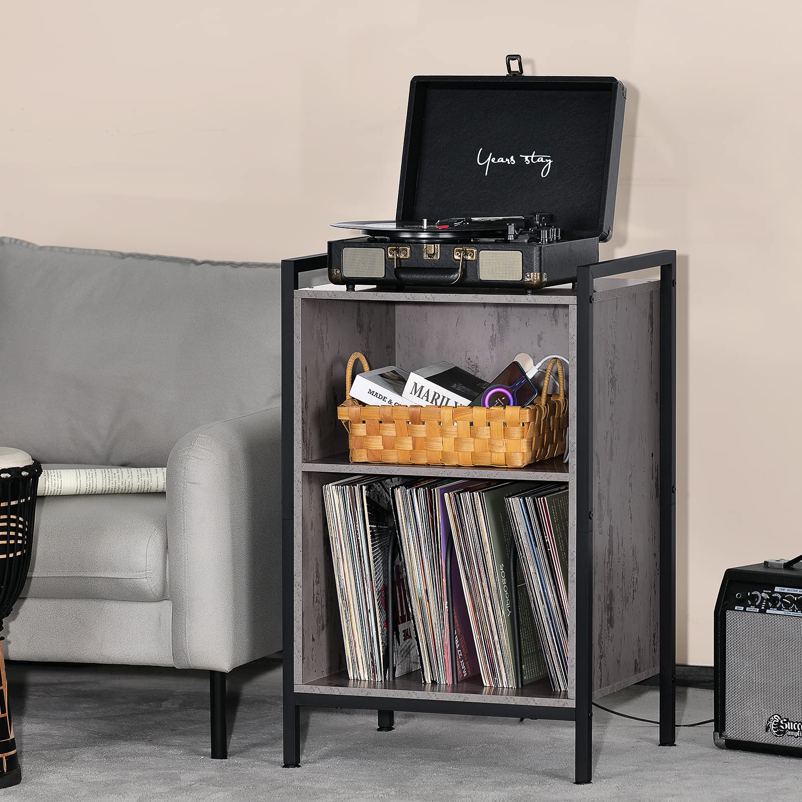 LELELINKY Turntable Stand, 3-Tier Record Player Stand, Vinyl Record Storage Cabinet with Metal Frame Holds Up to 180 Albums, Grey Record Table with Handle for Living Room, Bedroom, Office