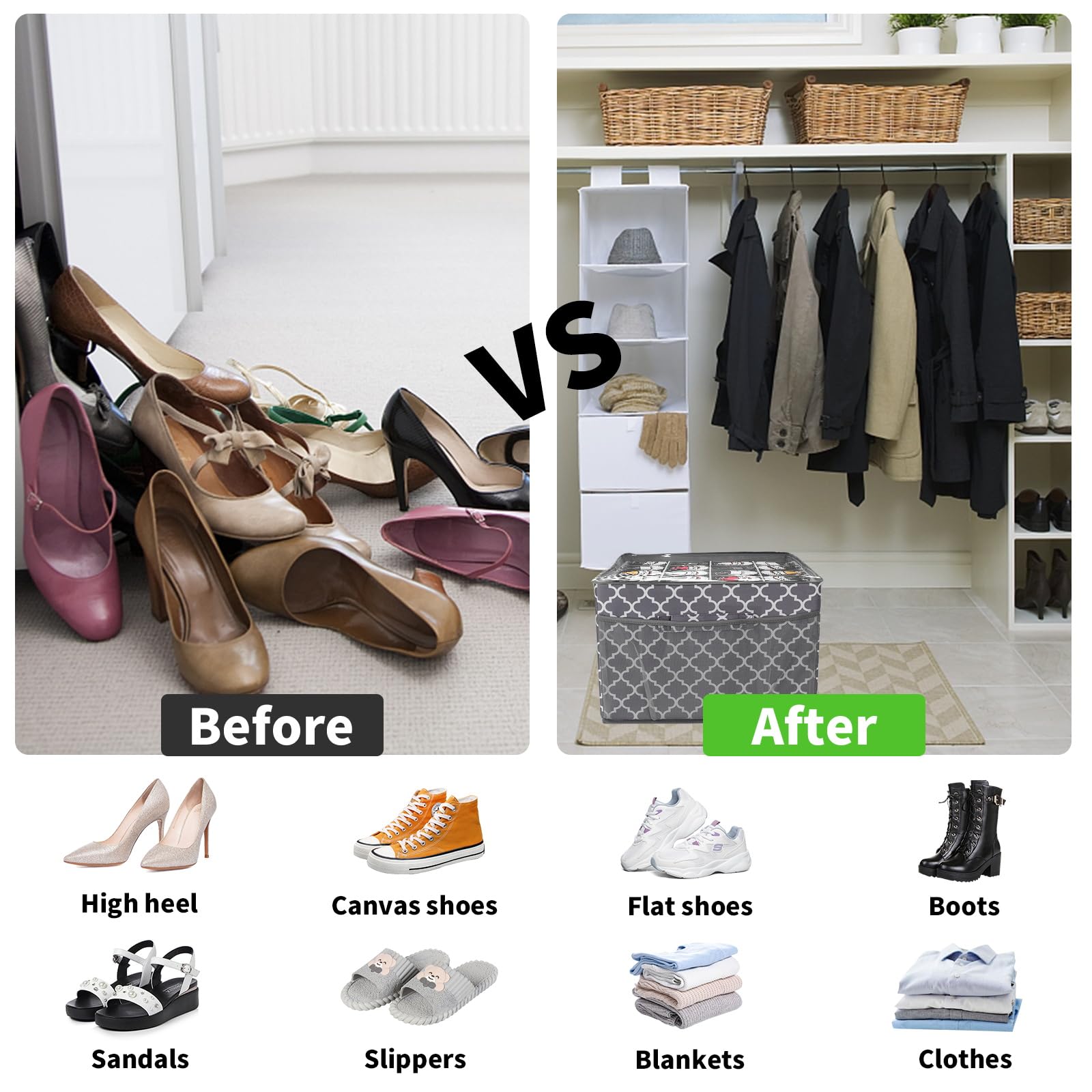 CARSHAM Shoe Organizer for Closet - Fits 4-16 Pairs, Large Foldable Shoe Box Storage Containers with Adjustable Dividers, Clear Cover & 2 Mesh Pockets, Shoe Bins for Sneakers High Heeled Boots