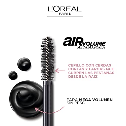 L'Oreal Paris Makeup Air Volume Mega Mascara, Lightweight & Long-lasting Volumizing Mascara for Voluminous Eyelashes, Waterproof Black, 0.3 Fl Oz