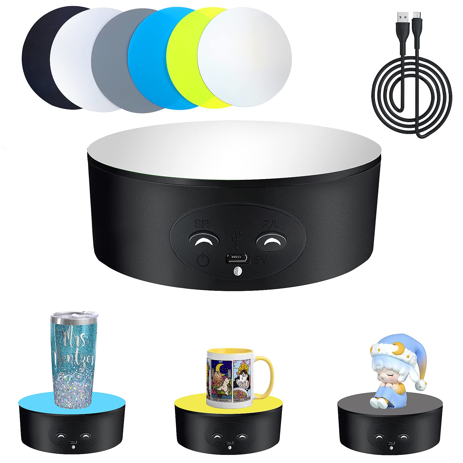 Riomh Rotating Display Stand, 360 Degree Automatic Mute Spin Turntable for Photography Display, Shooting Videos, Figures and Collections Display (Black)