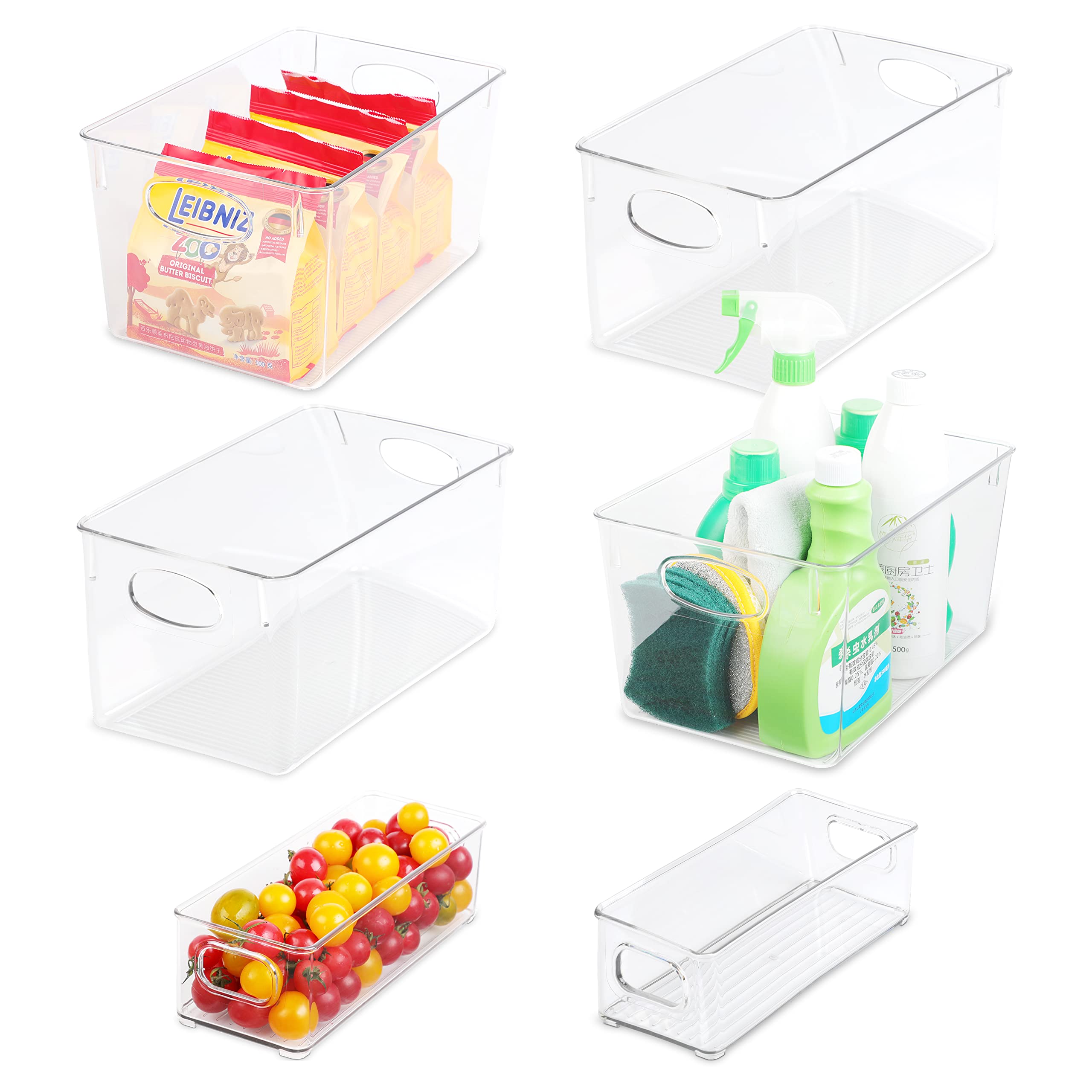 RedSodium Pantry Organization and Storage Container Bins for Kitchen, Laundry, Refrigerator, Freezer. Durable Heavy Duty Clear Plastic with Handles - 6 Pack