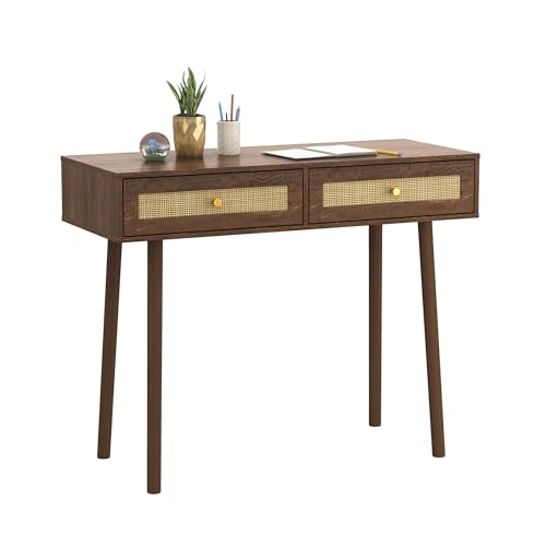 Loft & Luv Remy Boho Mid-Century Console Entryway Table with Natural Rattan with Storage Drawer and Open Shelf, Walnut Finish